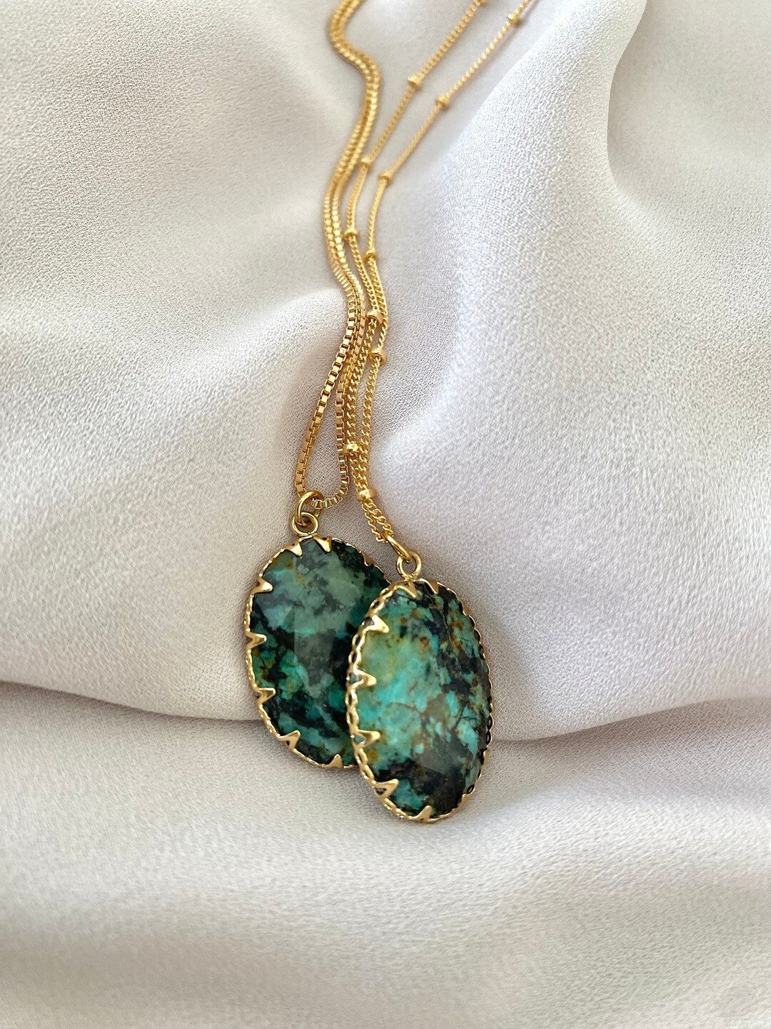 African Turquoise Necklace Large Oval Gemstone Pendant Multifaceted ...