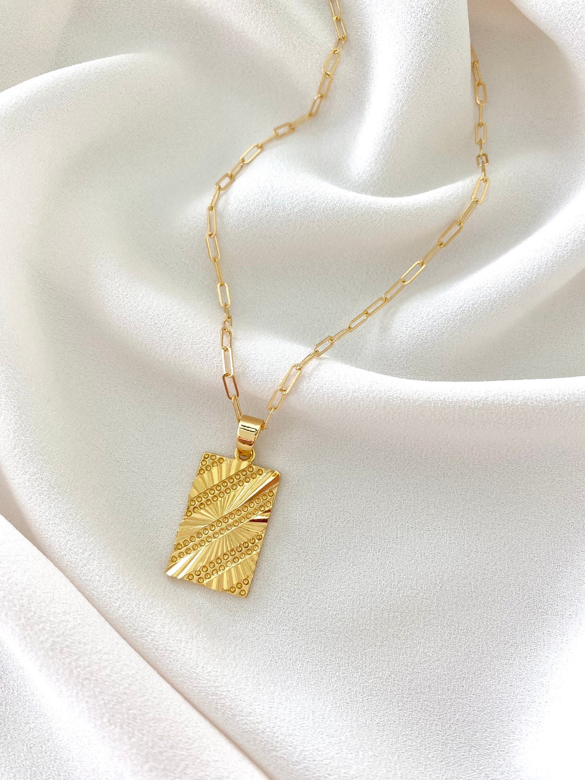 Gold Filled Square Pendant Necklace Etched Charm Vintage Style Jewelry ...