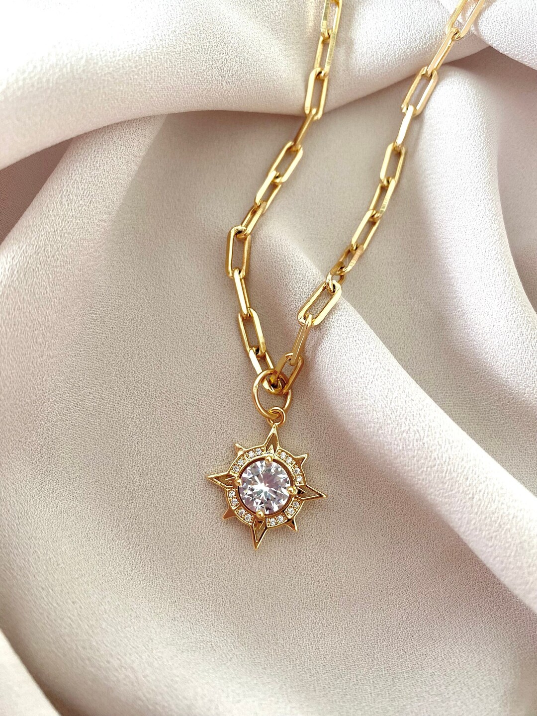 Gold Star Pendant Necklace Gold Filled Paperclip Chain Shiny CZ Micro ...
