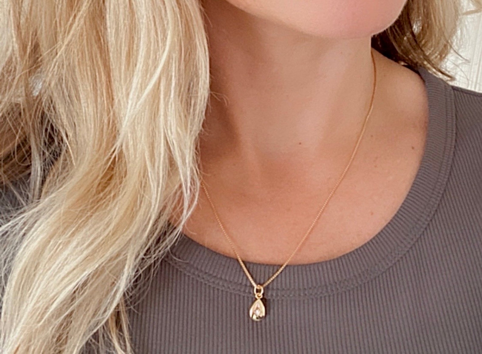 Dainty Gold Filled Teardrop Pendant Necklace Raindrop Charm With CZ ...