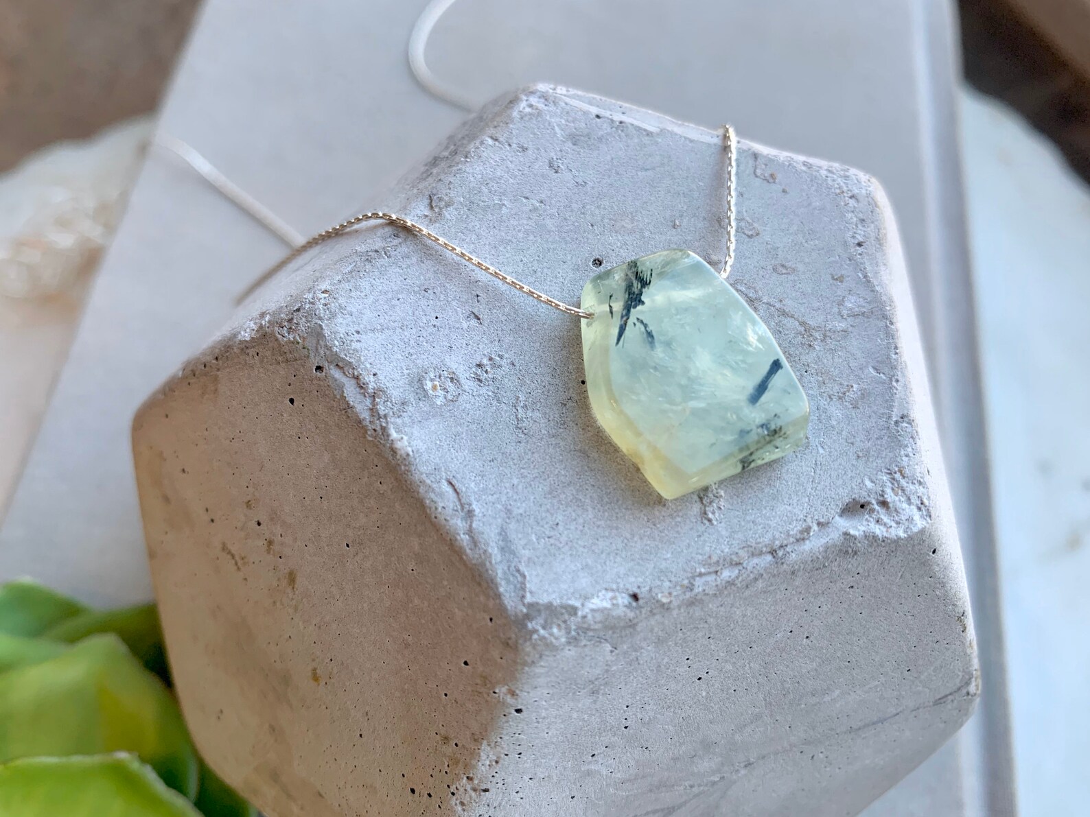 Prehnite Necklace Geometric Prehnite Pendant Necklace Gold Filled Chain ...