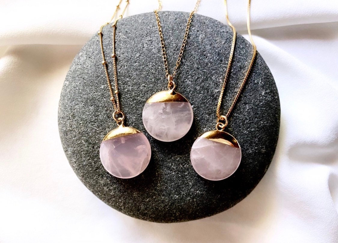 Rose Quartz Coin Pendant Necklace Pink Crystal Medallion | Etsy