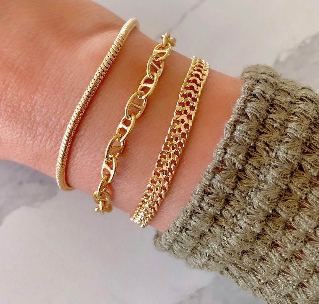 Gold Filled Layering Bracelets Oval Link Bracelet Rounded Snake Chain ...