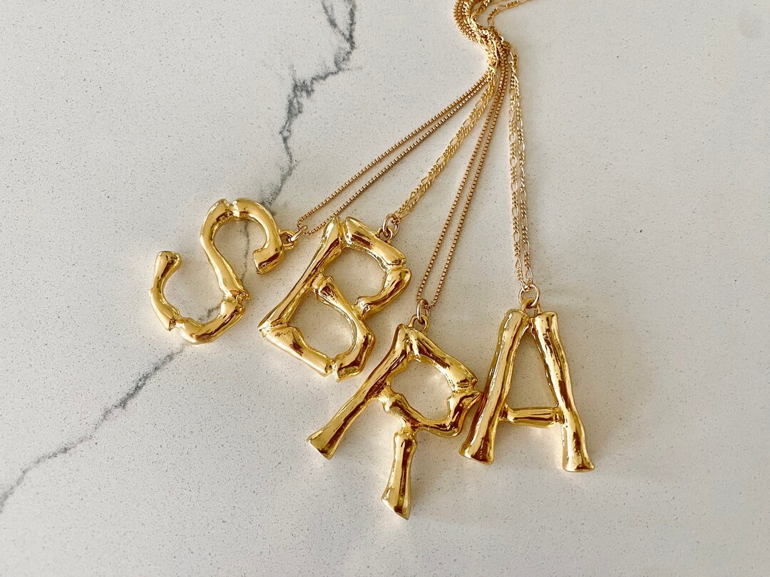 Large Chunky Gold Bamboo Shaped Letter Necklace Customized Initial ...