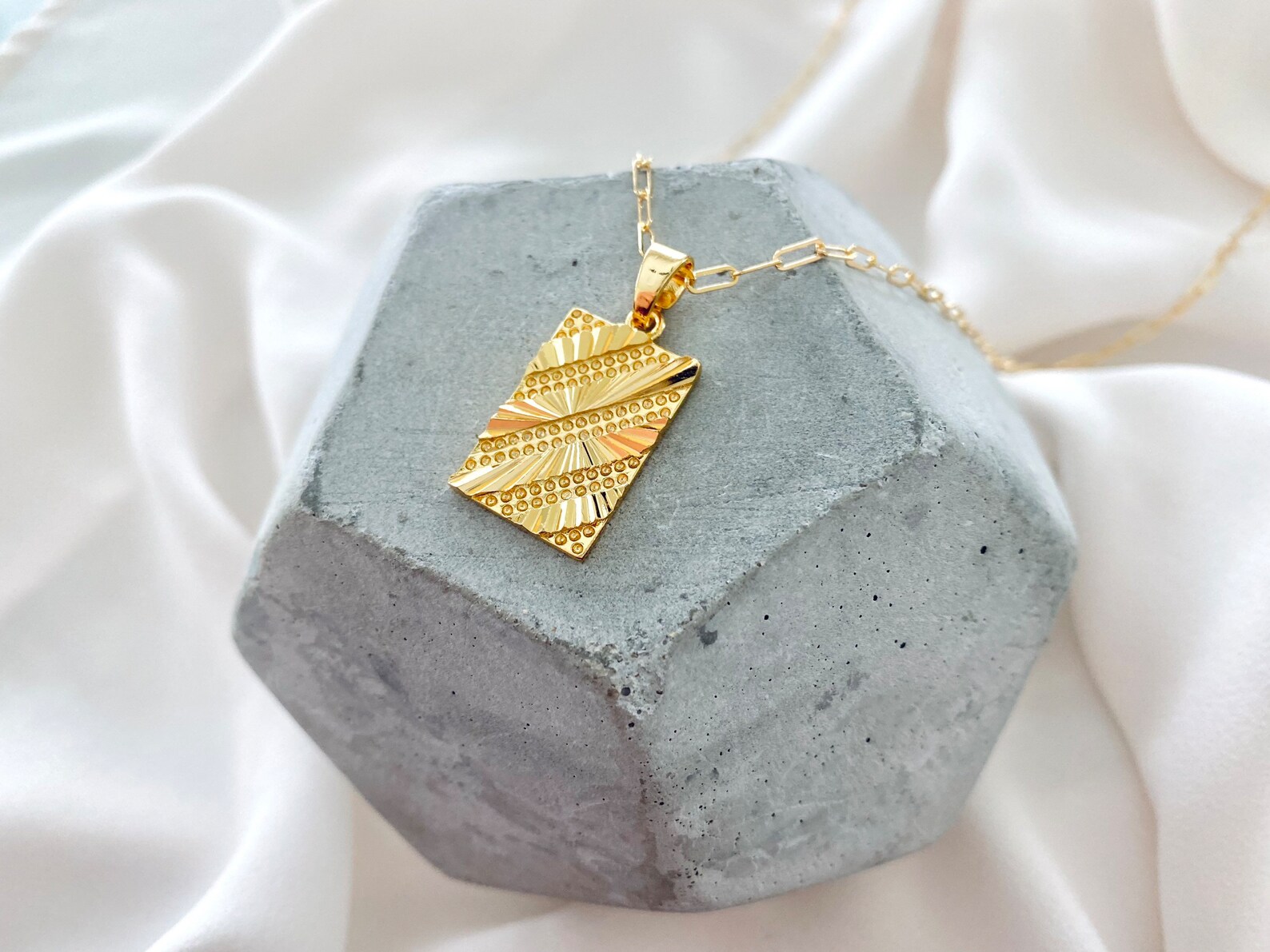 Gold Filled Square Pendant Necklace Etched Charm Vintage Style Jewelry ...