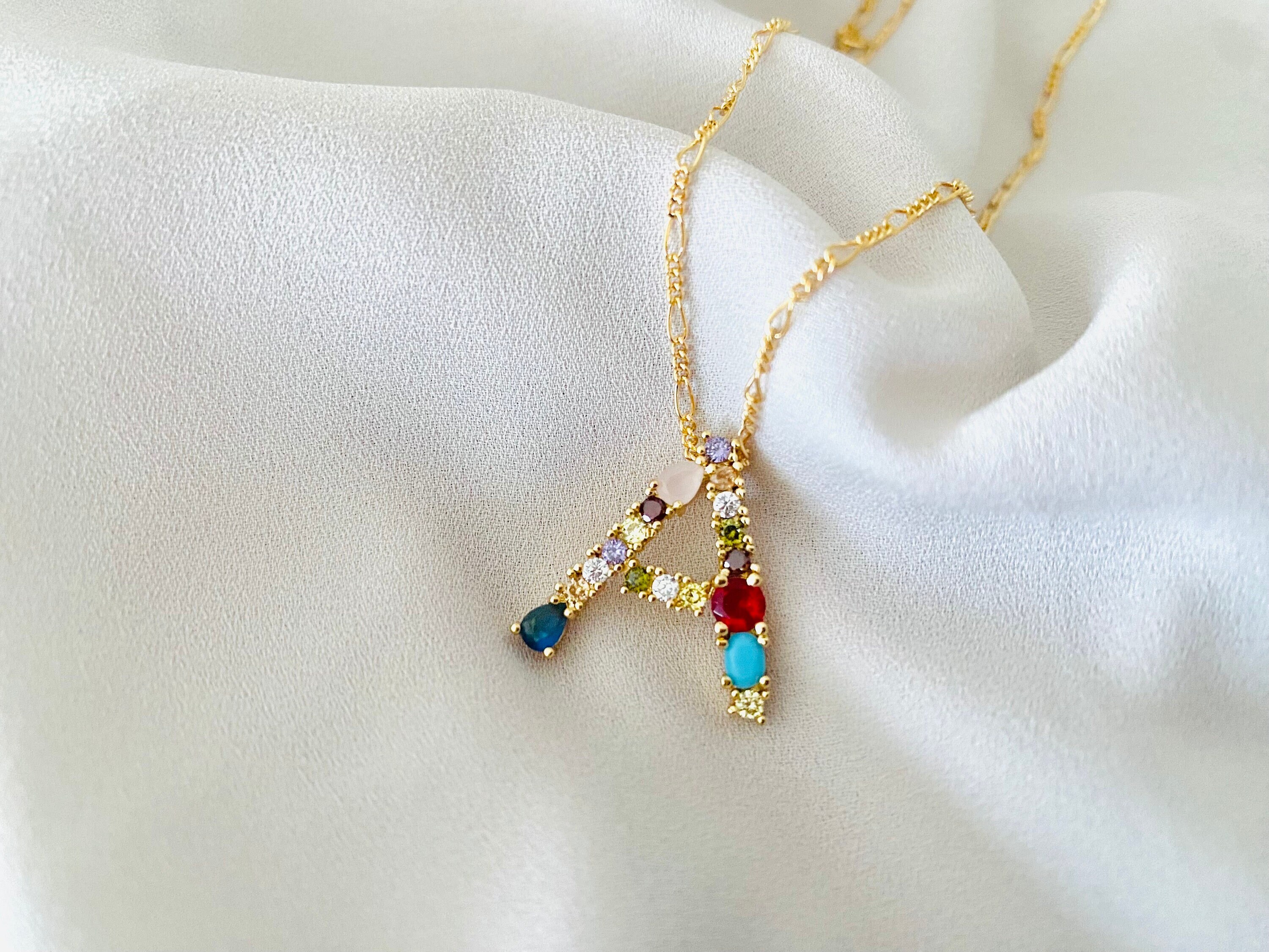 Gemstone Letter Necklace Gold Filled Chain Colorful Crystals Initial ...