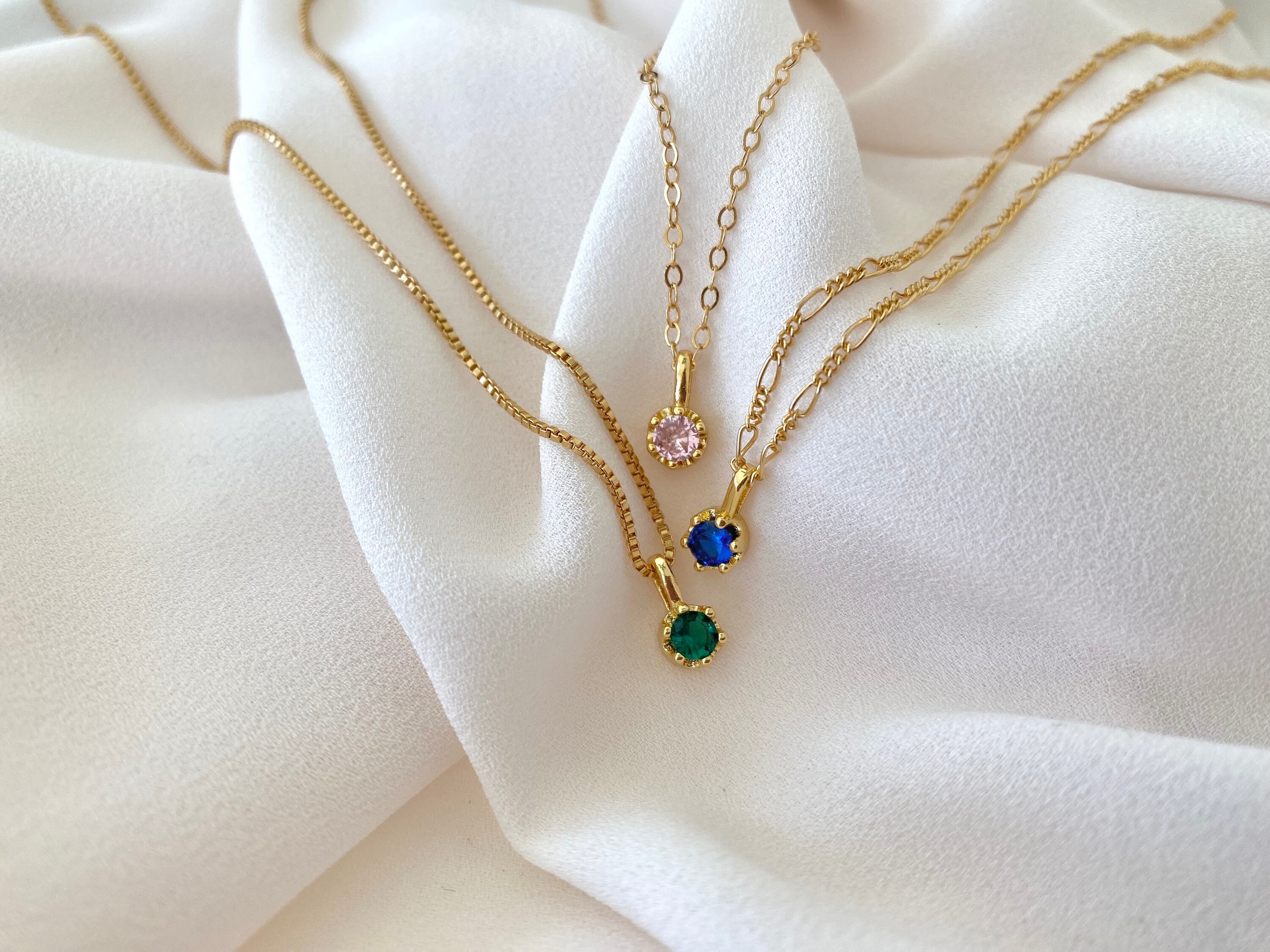 Dainty Sapphire Charm Necklace Gold Filled Chain Ultra Small Emerald ...