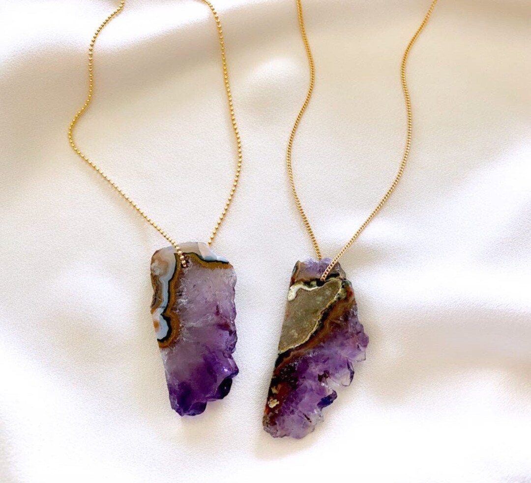 Amethyst Necklace Raw Amethyst Slice Pendant Necklace Gold Filled Chain ...