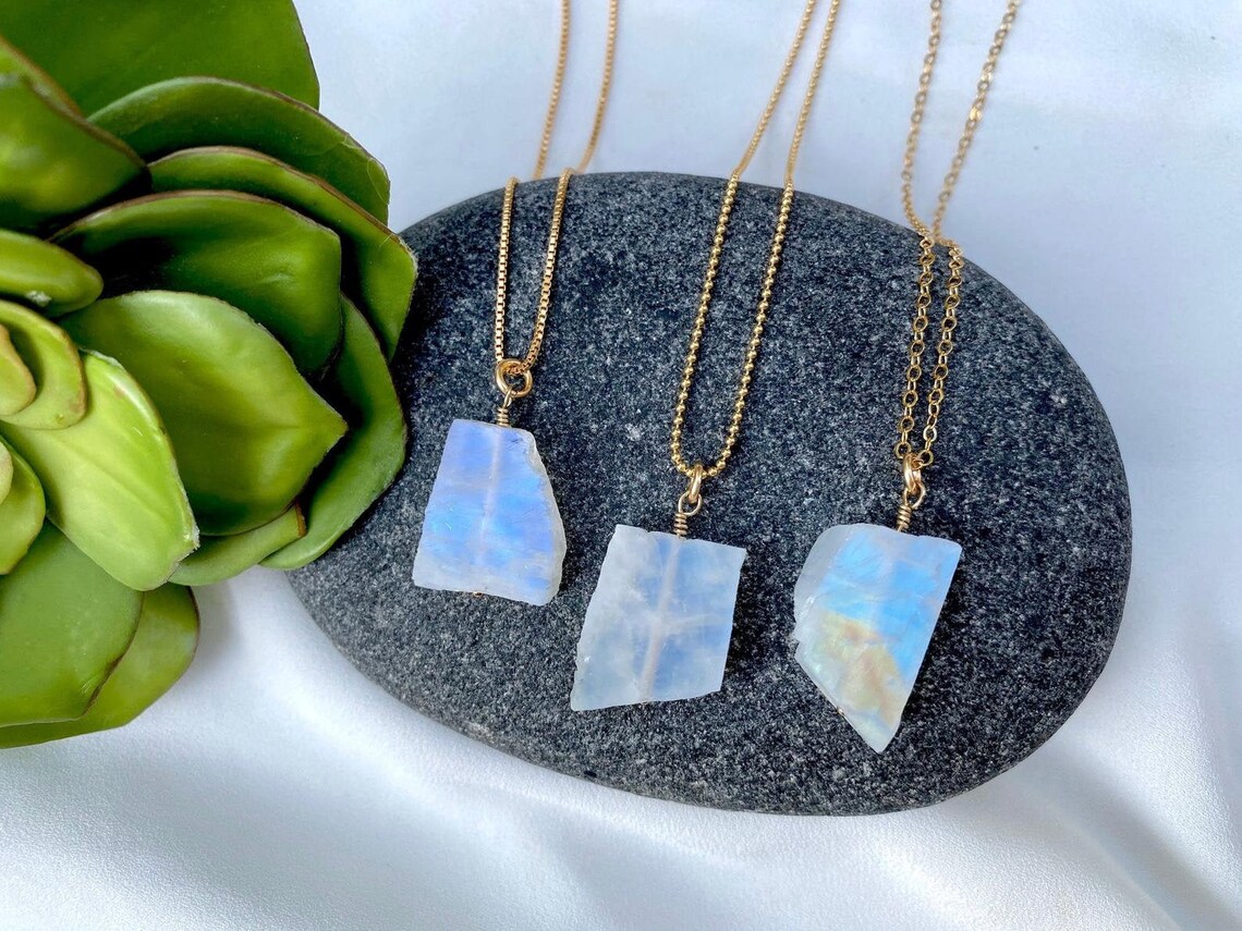 Raw Moonstone Necklace Flashy Moonstone Pendant Geometric | Etsy