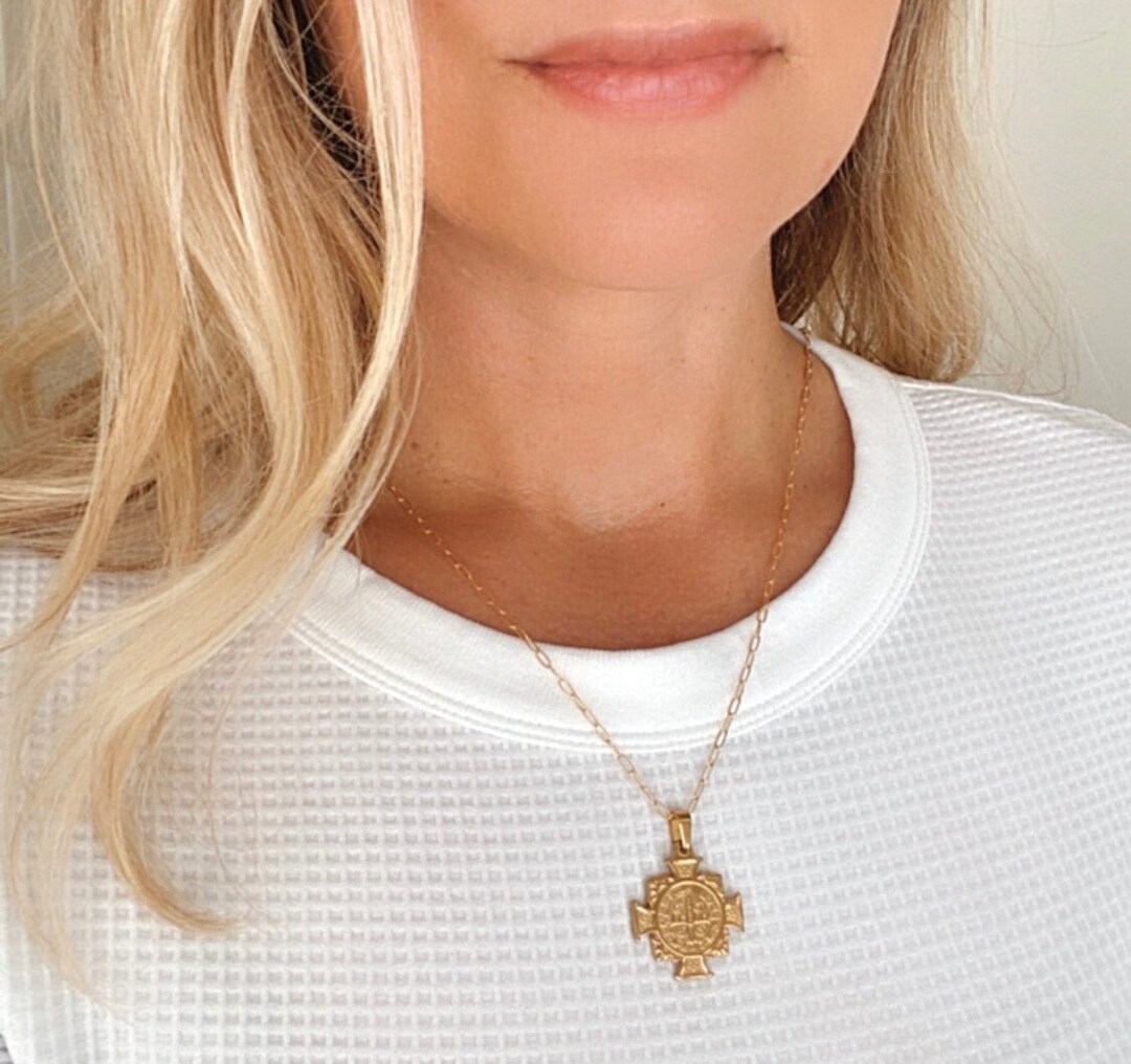 Gold Cross Medallion Necklace Gold Filled Relic Cross Pendant Ancient ...