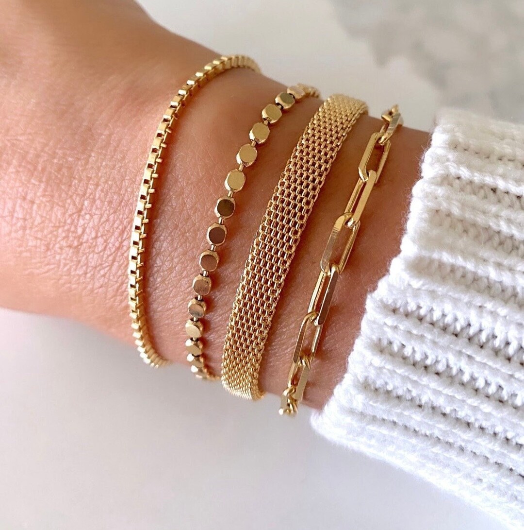 Gold Filled Stacking Bracelets Thick Box Chain Bracelet Dot Bracelet ...