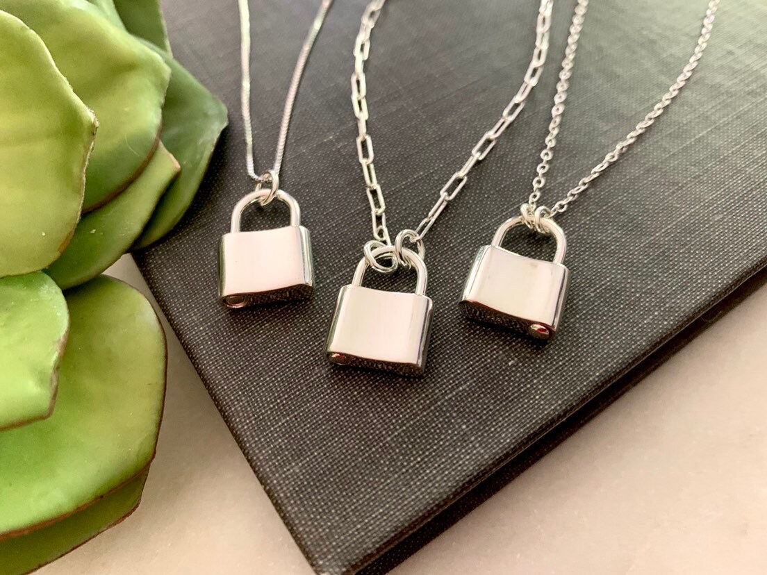 Sterling Silver Padlock Necklace Sterling Silver Box Chain | Etsy