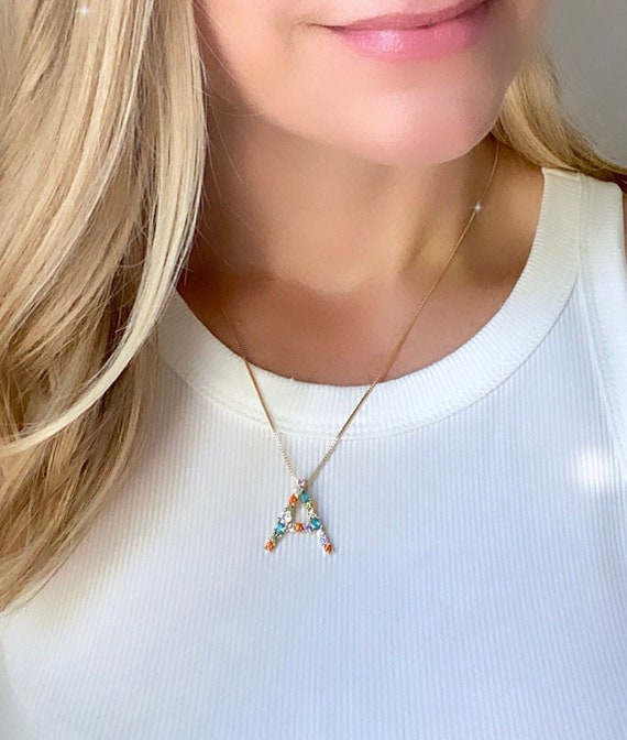 Personalized Letter Necklace Big Gemstone Initial Necklace | Etsy