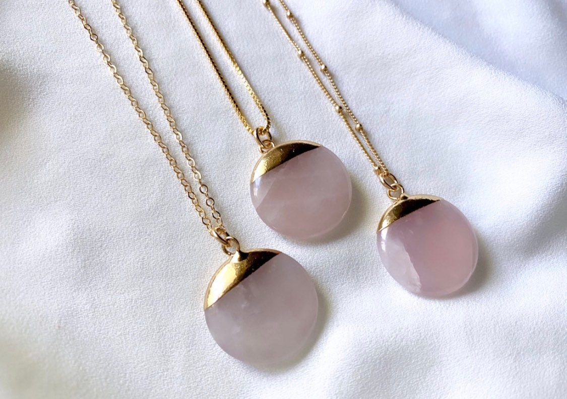 Rose Quartz Coin Pendant Necklace Pink Crystal Medallion | Etsy