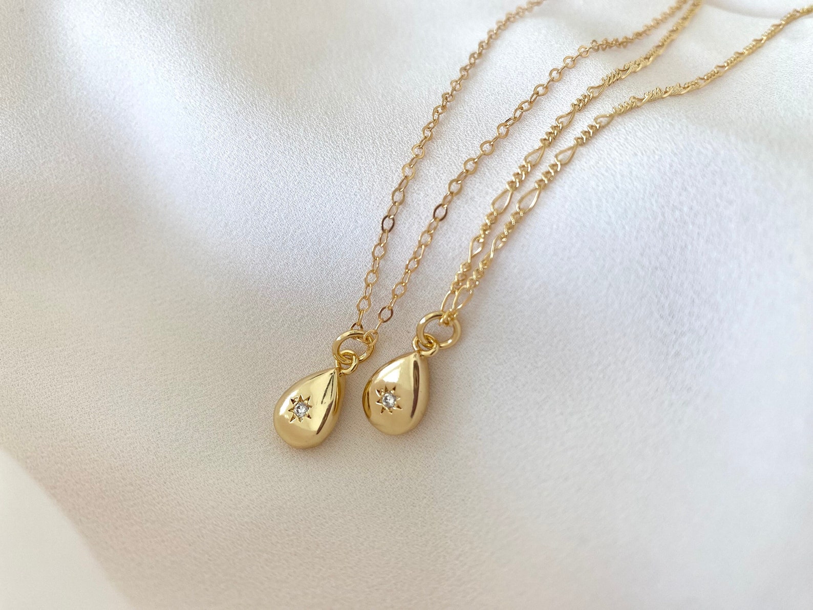 Dainty Gold Filled Teardrop Pendant Necklace Raindrop Charm With CZ ...