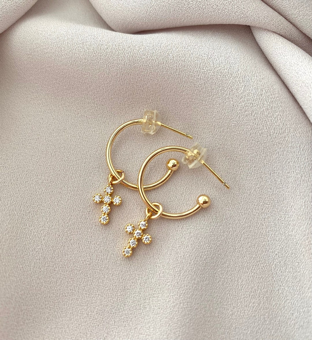 Dainty Gold Filled Cross Earrings Micro Pave Cross Hoops Minimalist ...
