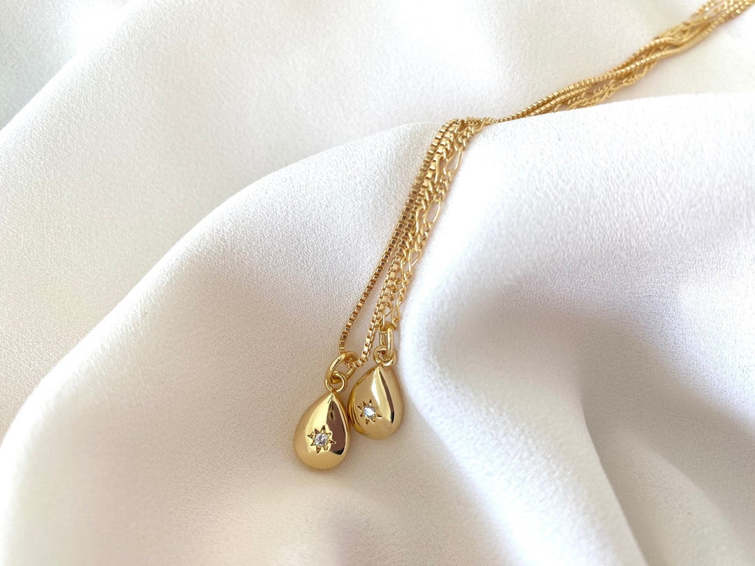 Dainty Gold Filled Teardrop Pendant Necklace Raindrop Charm With CZ ...