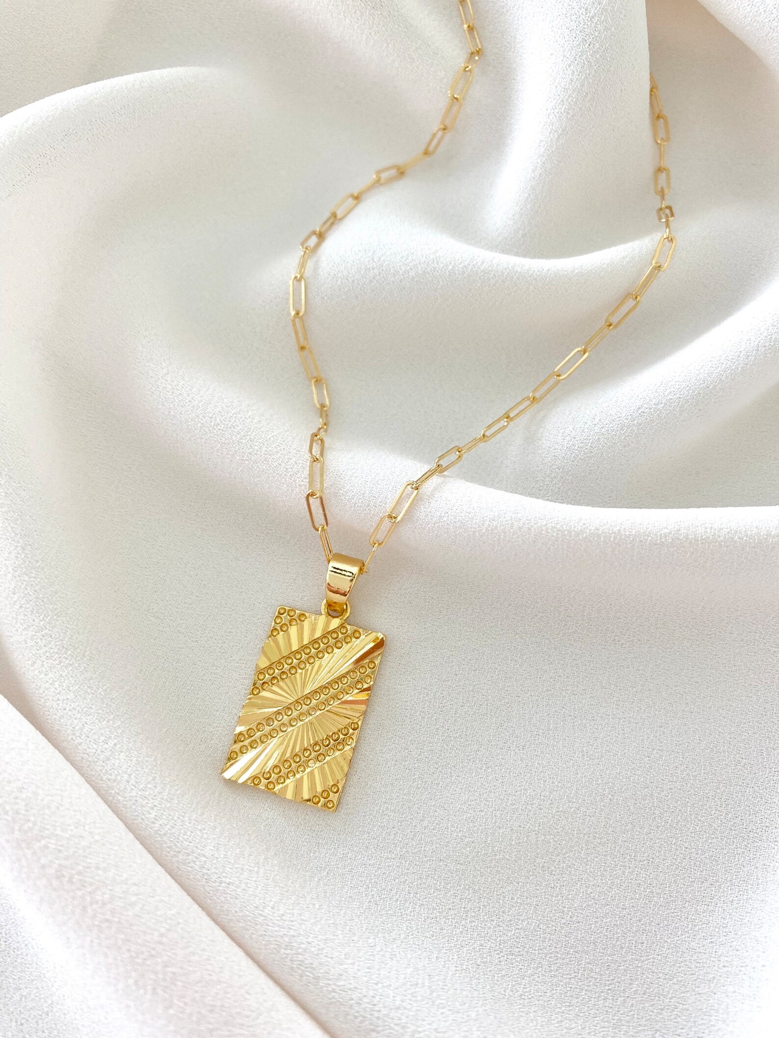 Gold Filled Square Pendant Necklace Etched Charm Vintage Style Jewelry ...