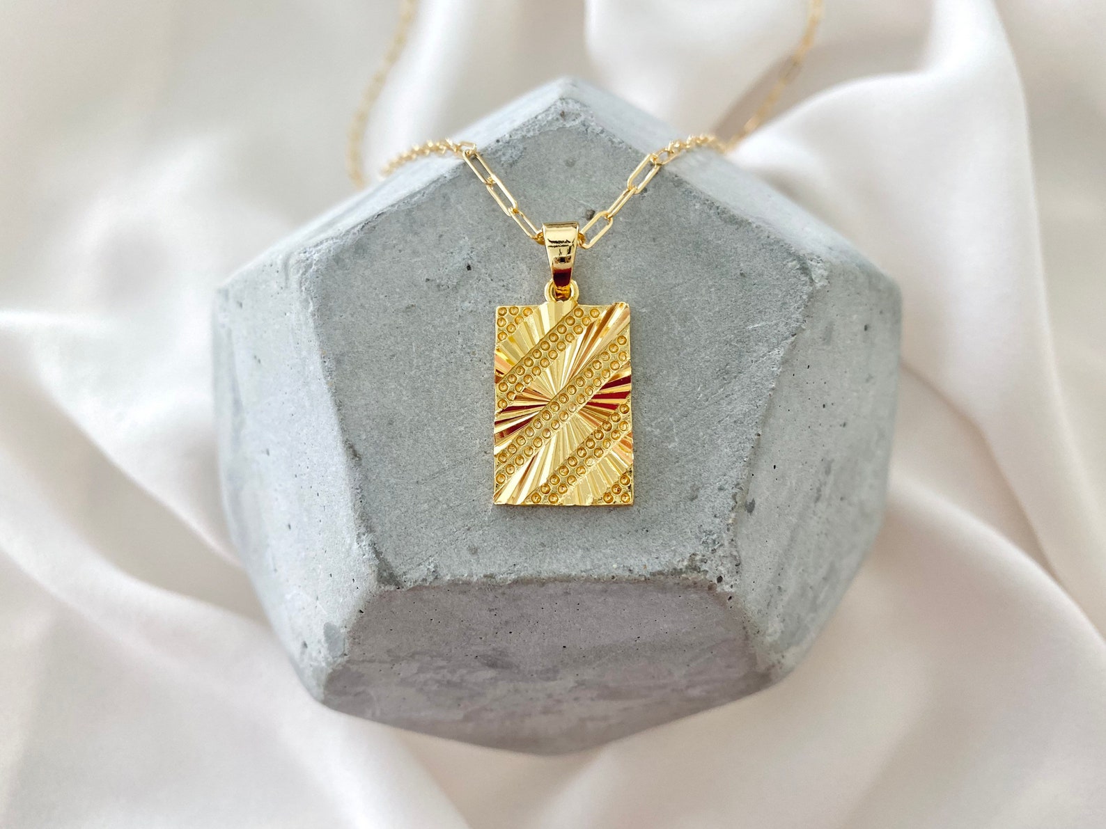 Gold Filled Square Pendant Necklace Etched Charm Vintage Style Jewelry ...