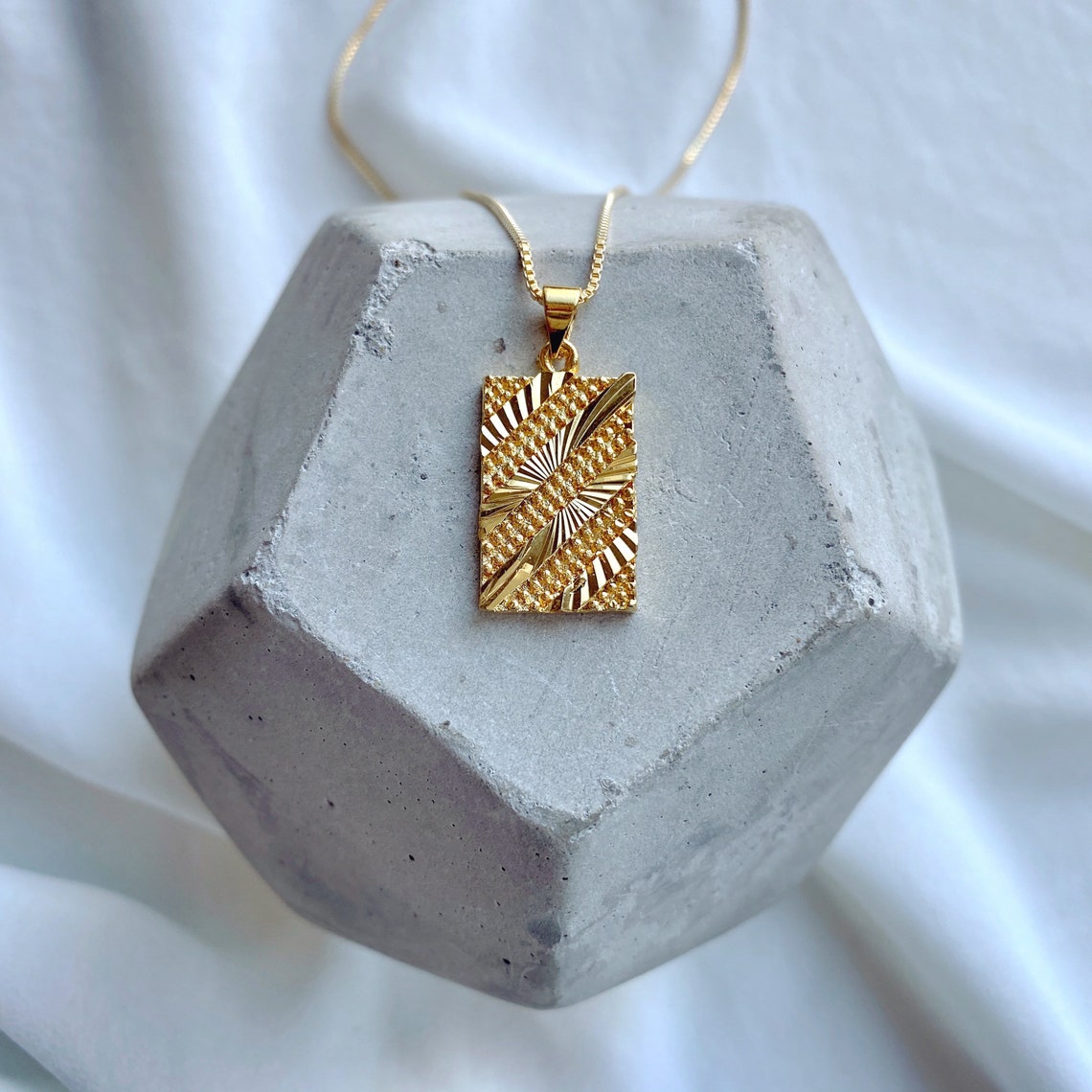 Gold Filled Square Pendant Necklace Etched Charm Vintage Style | Etsy