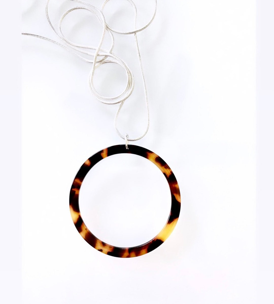 Tortoise Shell Circle Pendant Necklace Sterling Silver Snake Chain ...
