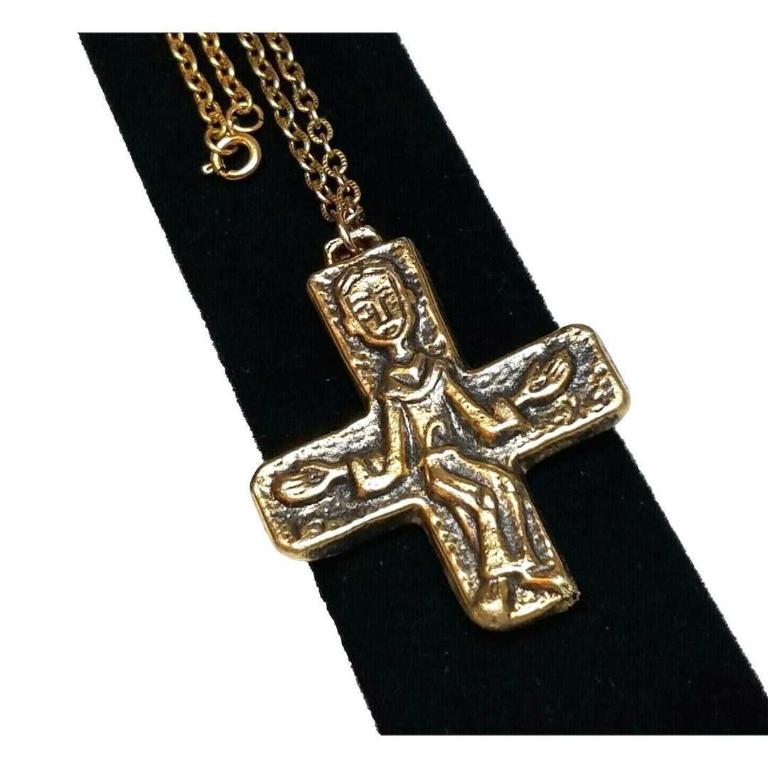 Modernist Medieval Monk Cross Pendant Necklace Gold Tone Chunky Vintage ...