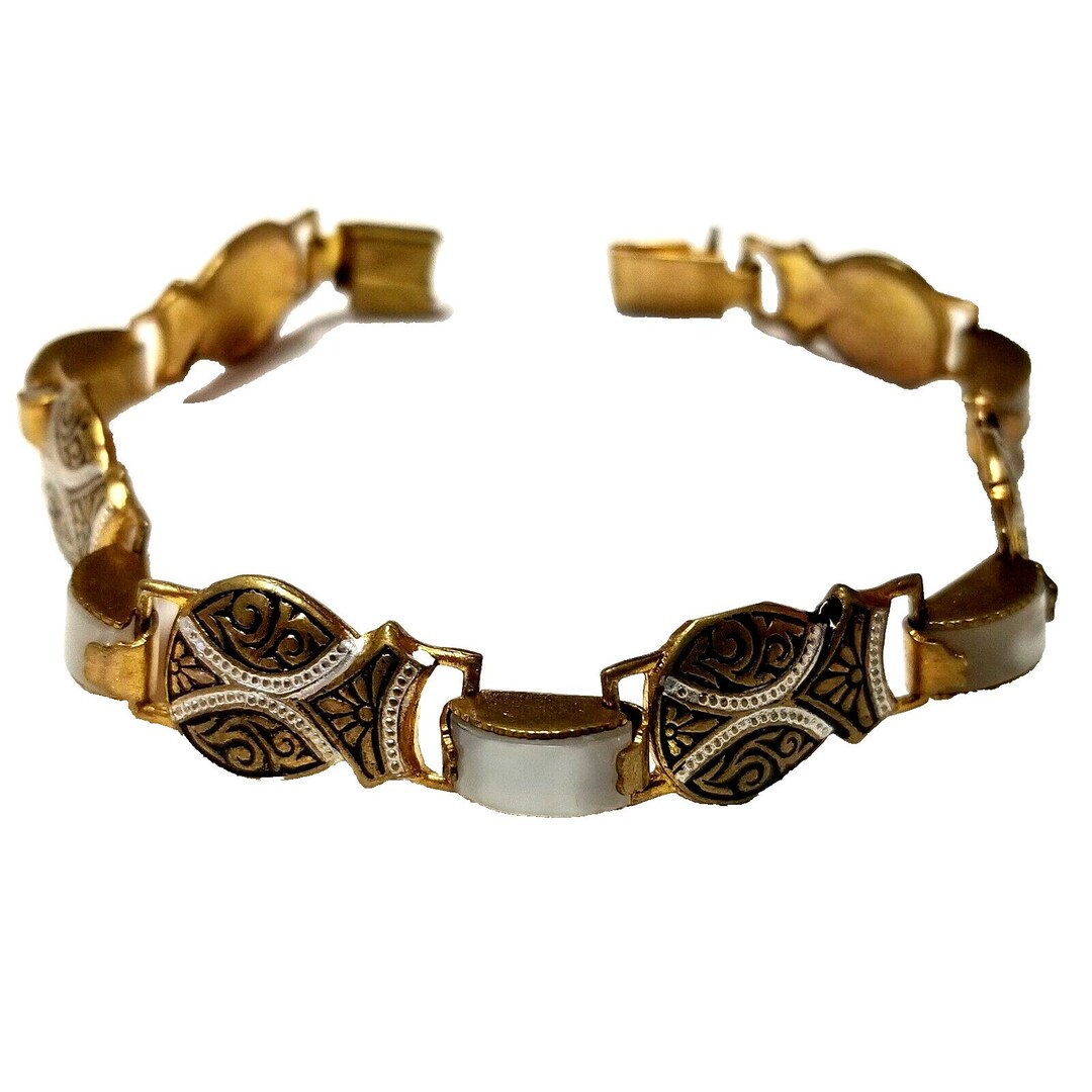 Vintage Damascene Bracelet Mother of Pearl Link Gold Tone - Etsy