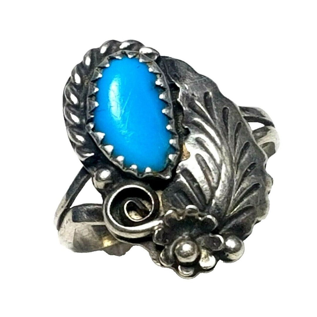 Vintage Navajo Squash Blossom Ring Sterling Silver Blue Turquoise Size ...