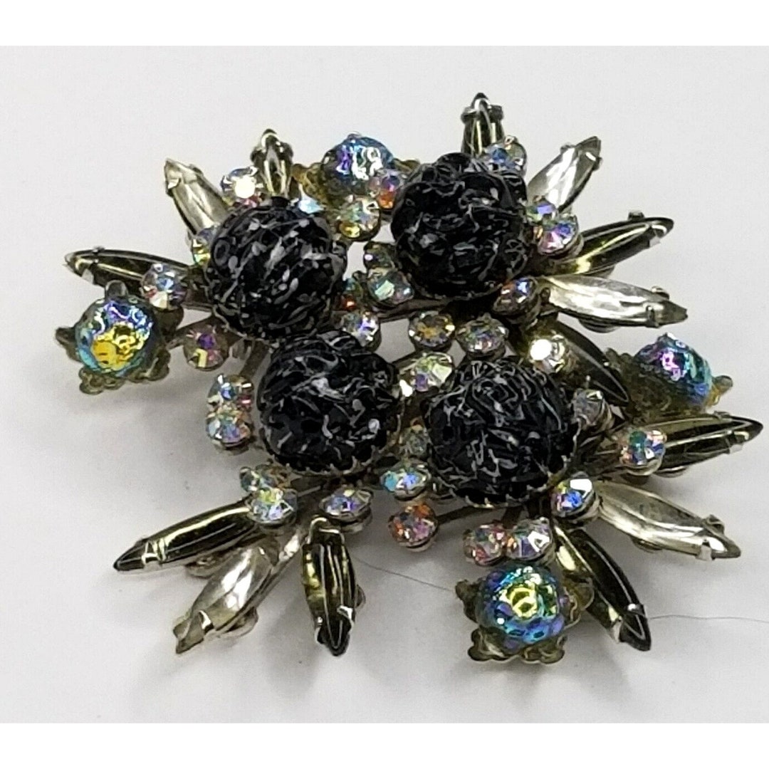 Vintage Molded Black Lava Stone Brooch Navettes Rhinestone Unsigned ...