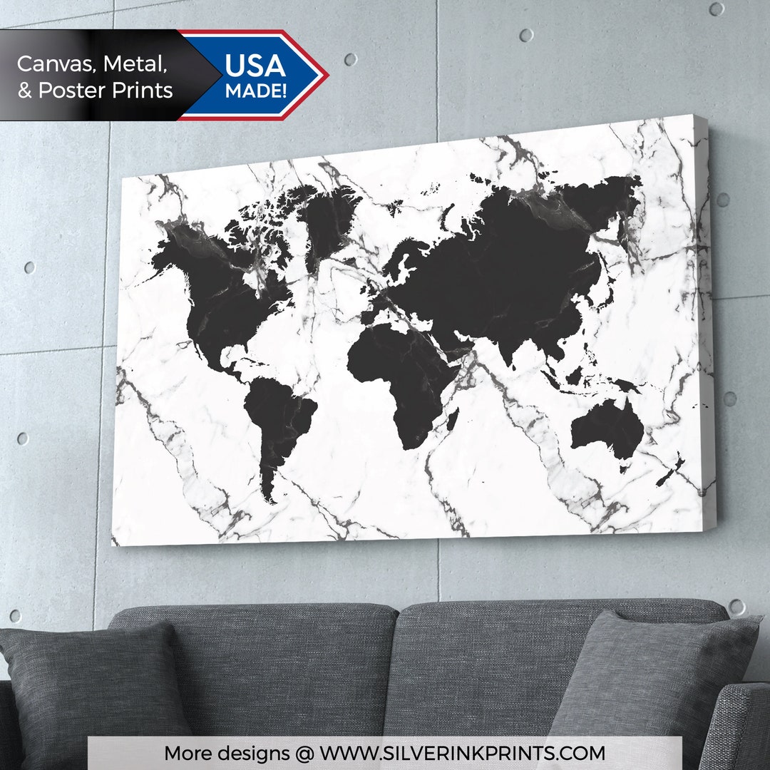 Black & White Marble World Map Art Print: Canvas, Metal or Poster - Etsy