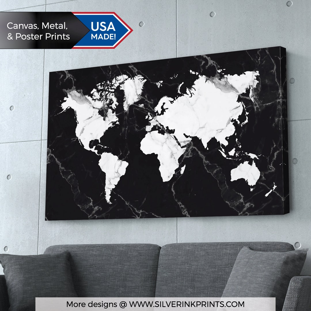 Black Marble World Map Art: Abstract Canvas, Metal, or Poster Print - Etsy