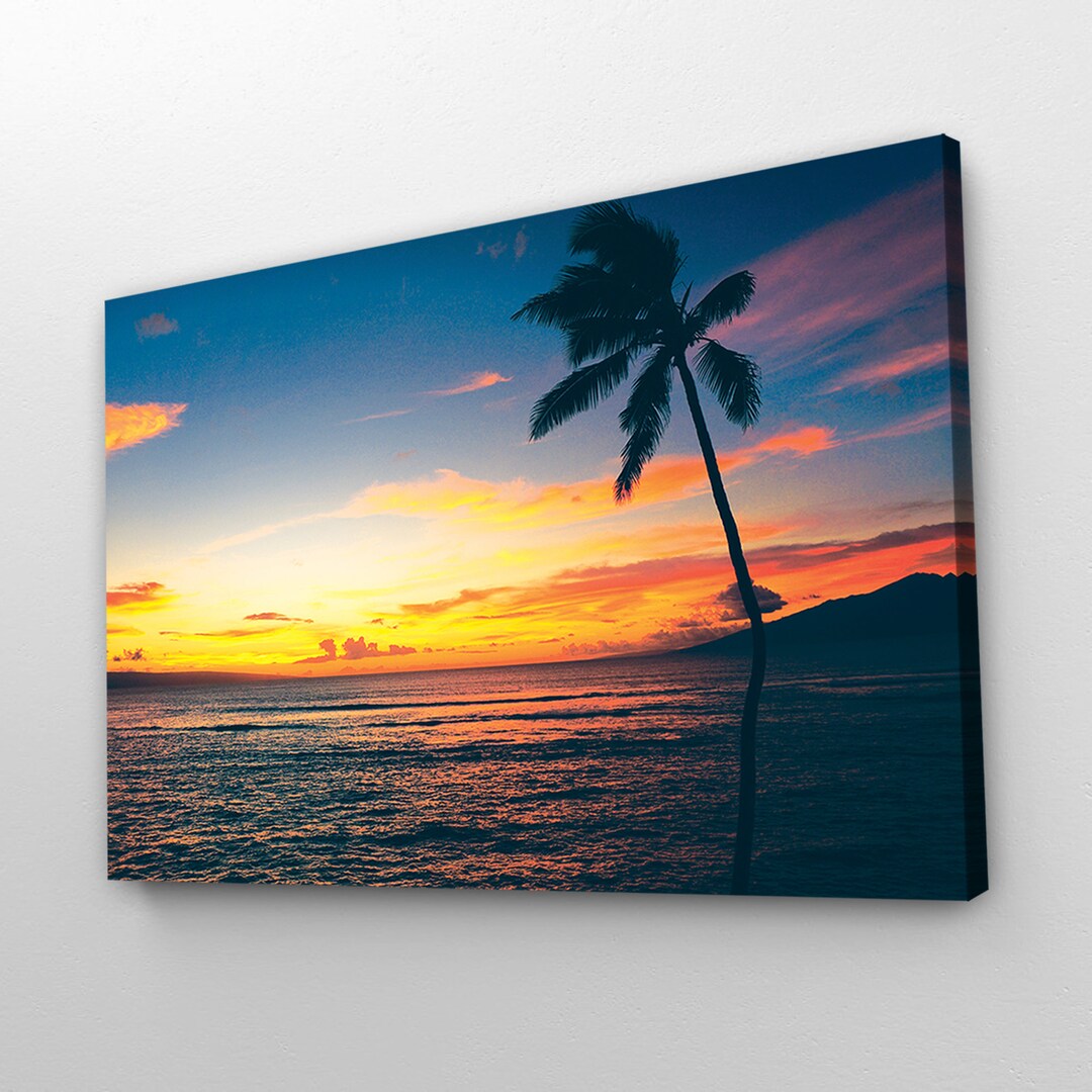 Tropical Sunset Beach Print: Palm Tree Seascape, Canvas or Metal Art - Etsy