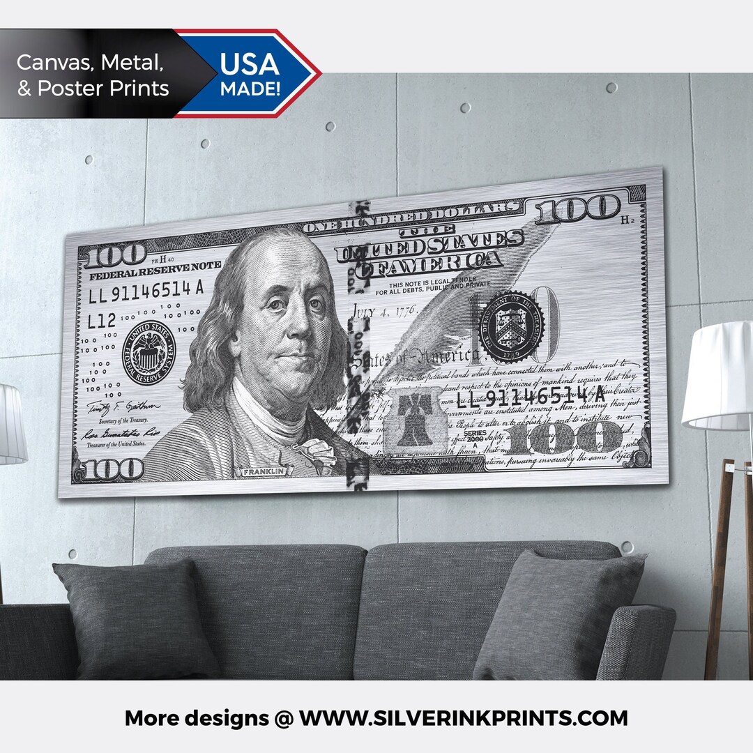 100 Dollar Bill Art: Silver Brushed Steel Canvas Print - Etsy