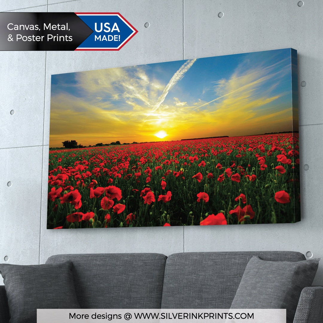 Red Flowers Meadow Sunrise Sunset Nature Art Large Wall - Etsy