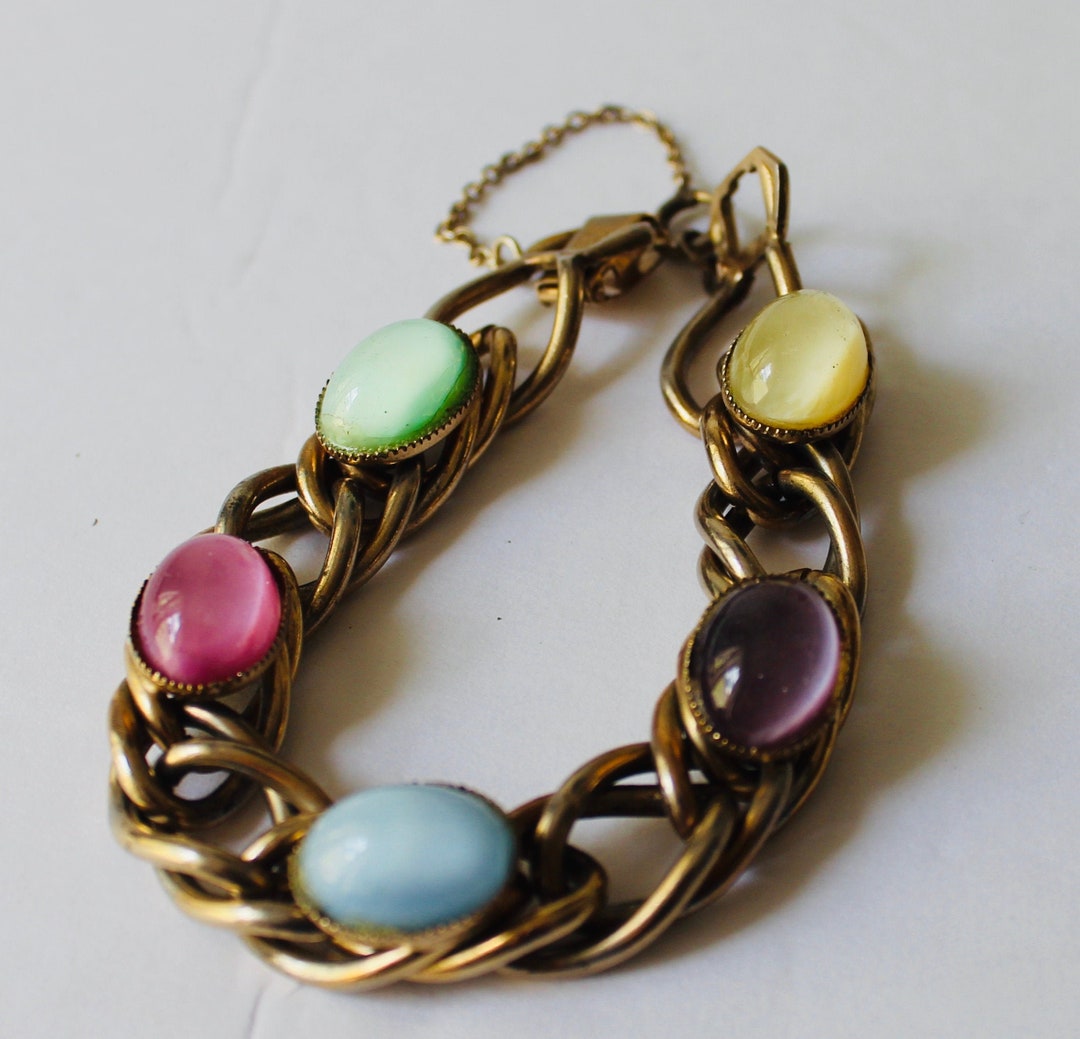 Vintage Kafin Art Glass Cabochon Bracelet: Gold-tone MCM Jewelry - Etsy