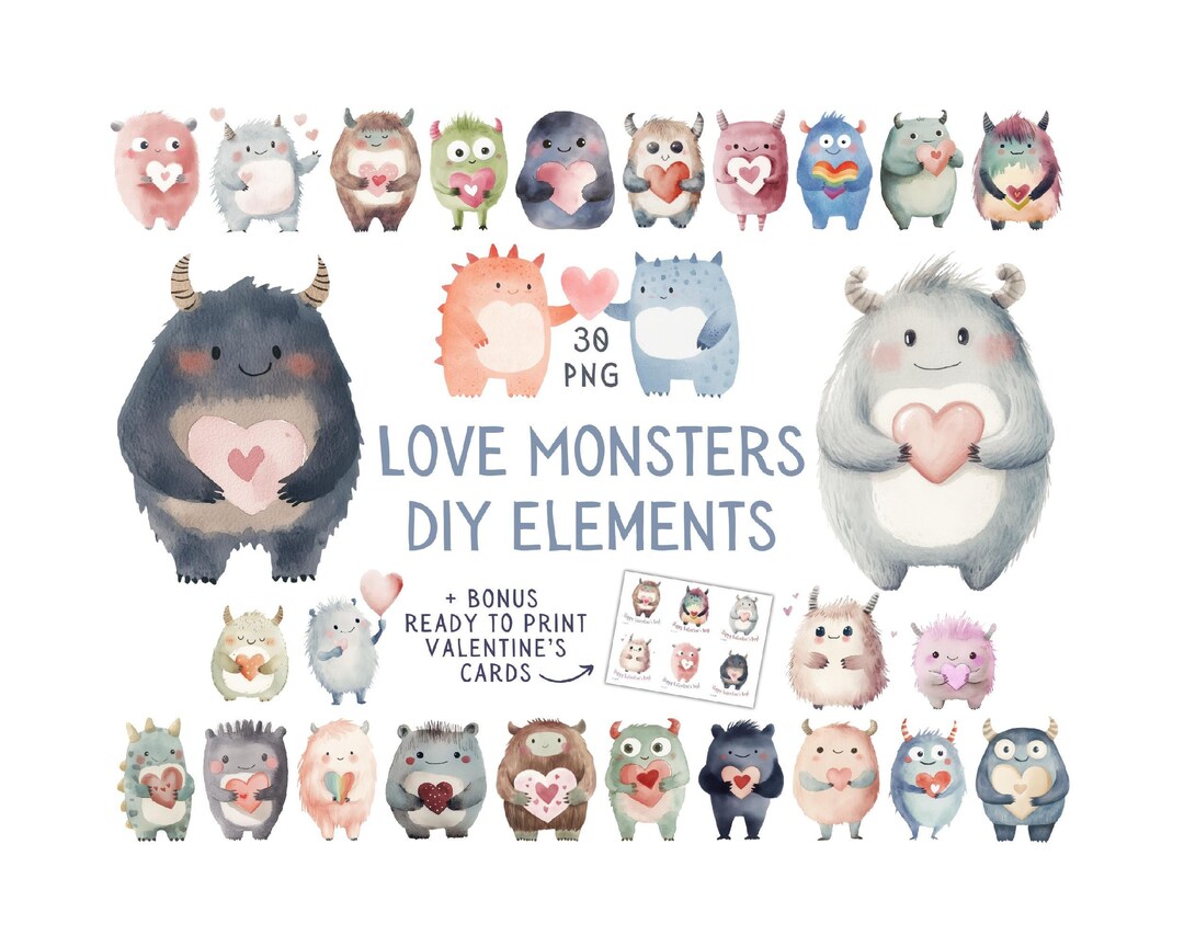 Love Monsters PNG Bundle | 30 Pngs + Bonus Printable Valentine's Cards ...
