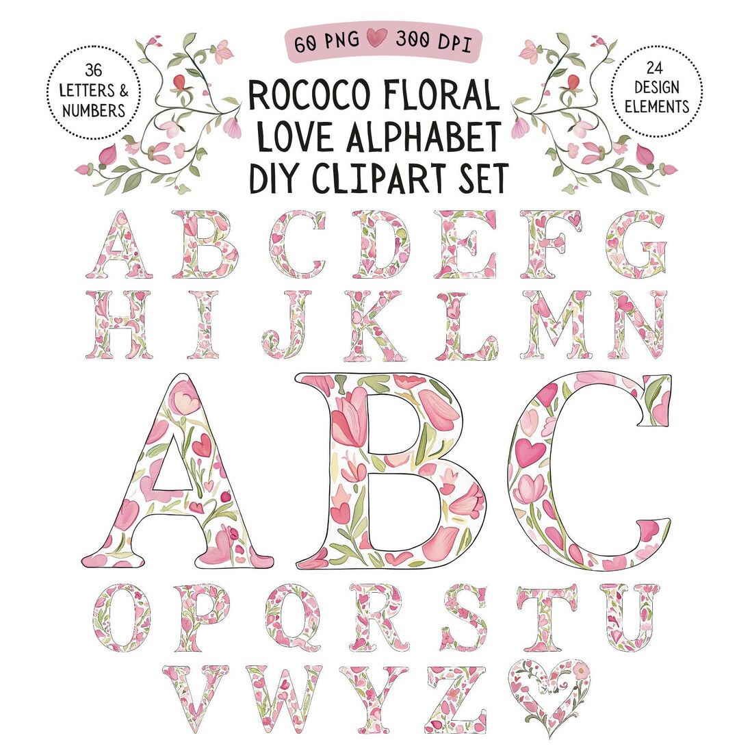 Rococo Love Alphabet PNG Clipart Pack | 60 Pngs | 300 DPI | Clip Art ...