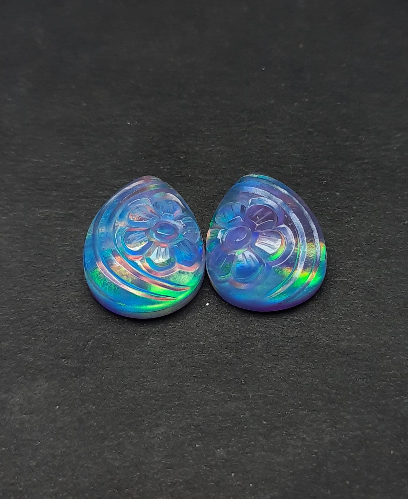 1 pair aurora opal doublet quartz carving doublet cabochon | Etsy
