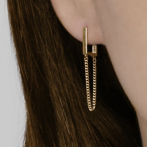 14k Solid Gold Double Chained Hoop Earring Drop Hoop Earring - Etsy