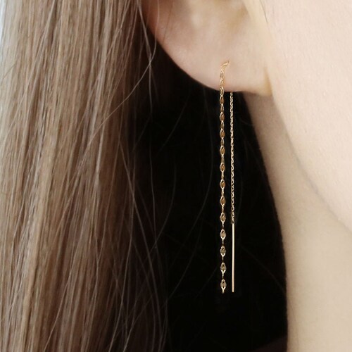 14k Solid Gold Double Chain Threader Earring Ear Threader - Etsy
