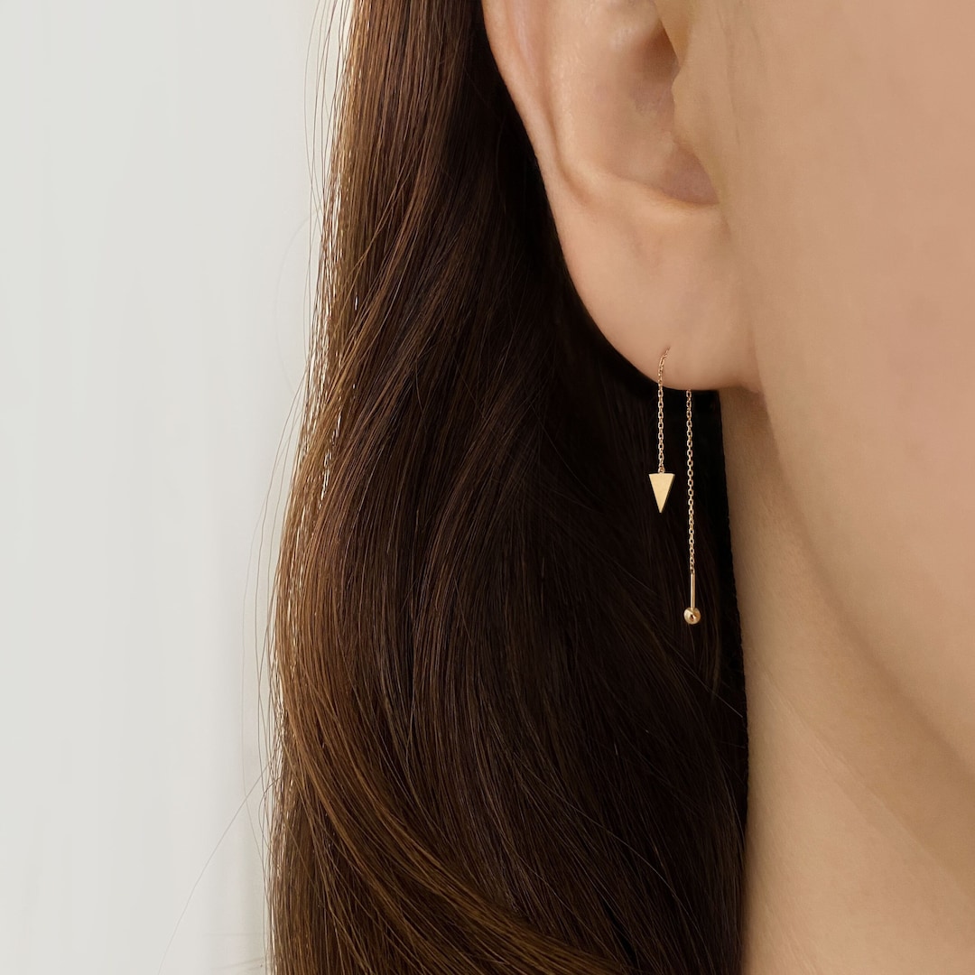 14k Solid Gold Flat Triangle Chain Screw Ball Earring, Drop Earring ...