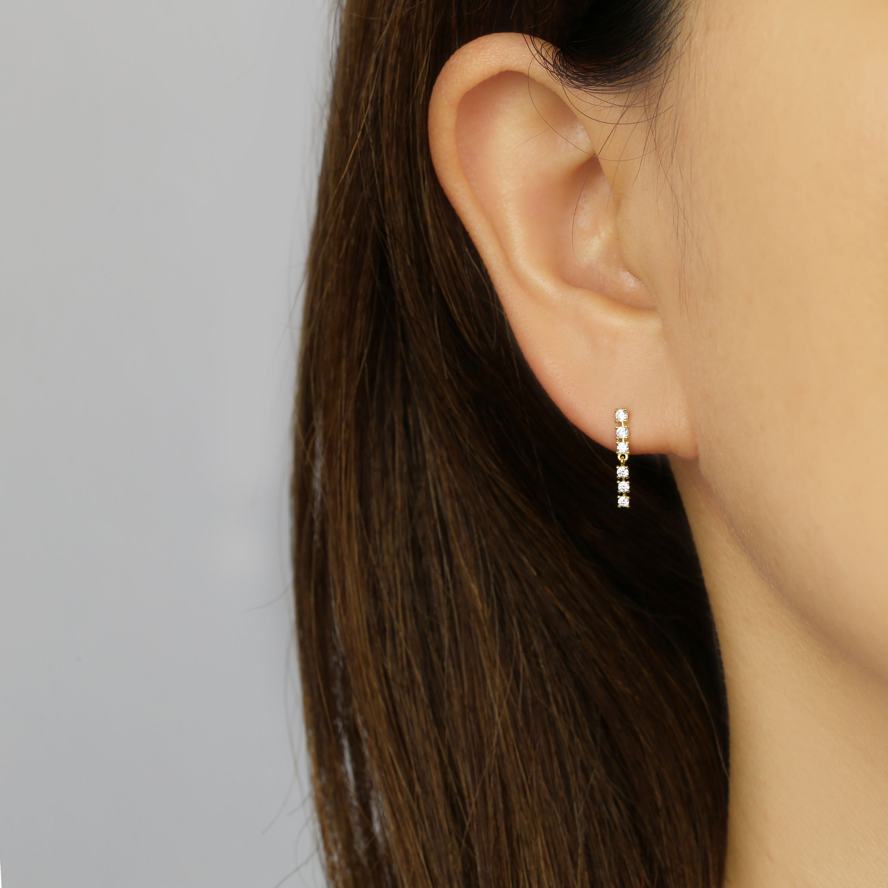 14k Solid Gold CZ Bar Drop Earrings, Stick Earrings, Dangling Bar ...