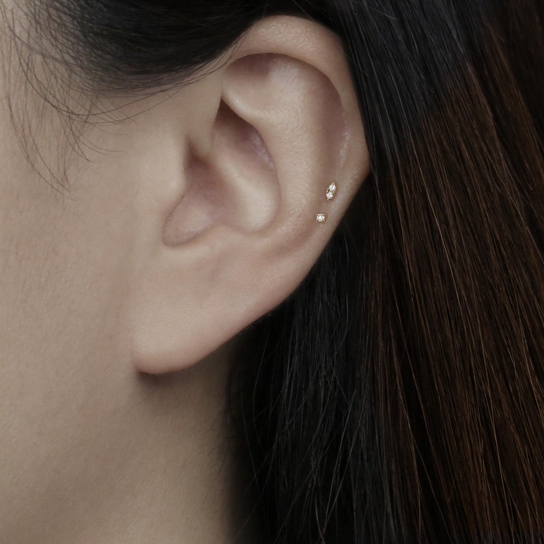 14k Solid Gold Micro Single Double CZ Internally Threaded Labret Stud ...