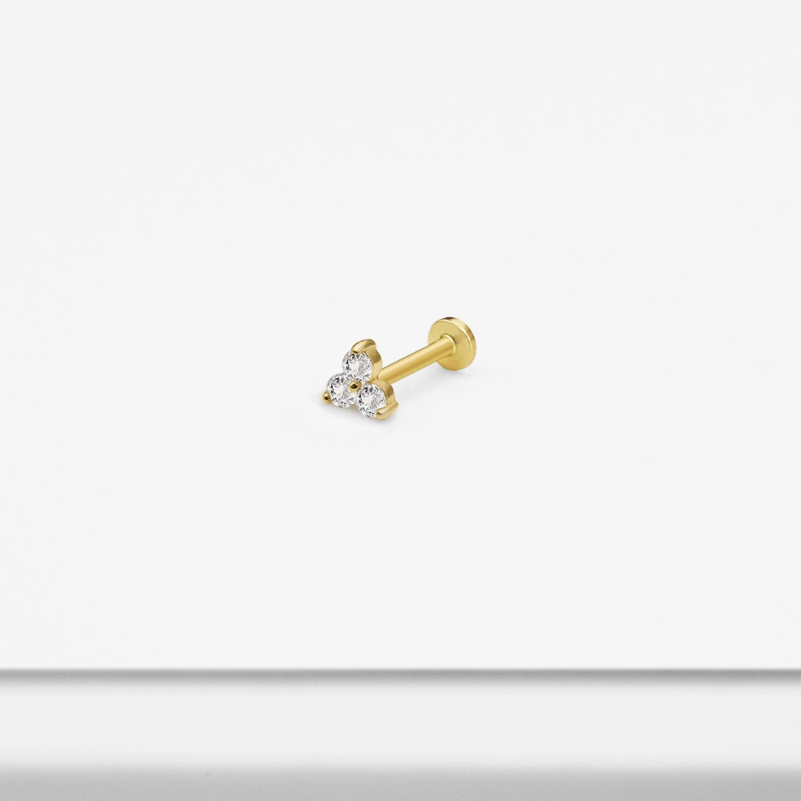 14k Solid Gold Trinity CZ Internally Threaded Labret Stud | Etsy
