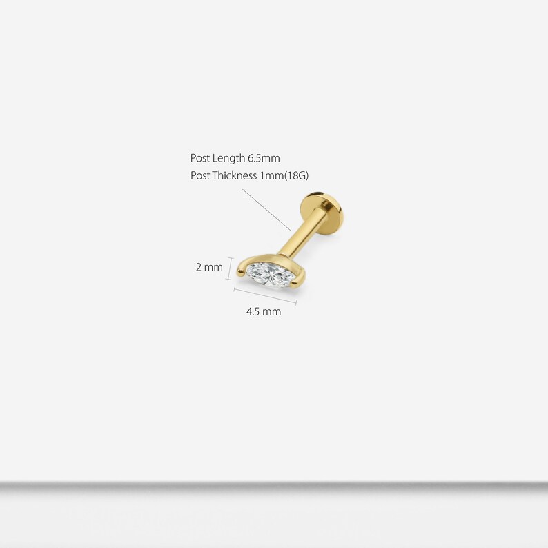 14k Solid Gold Marquise CZ Internally Threaded Labret Stud - Etsy
