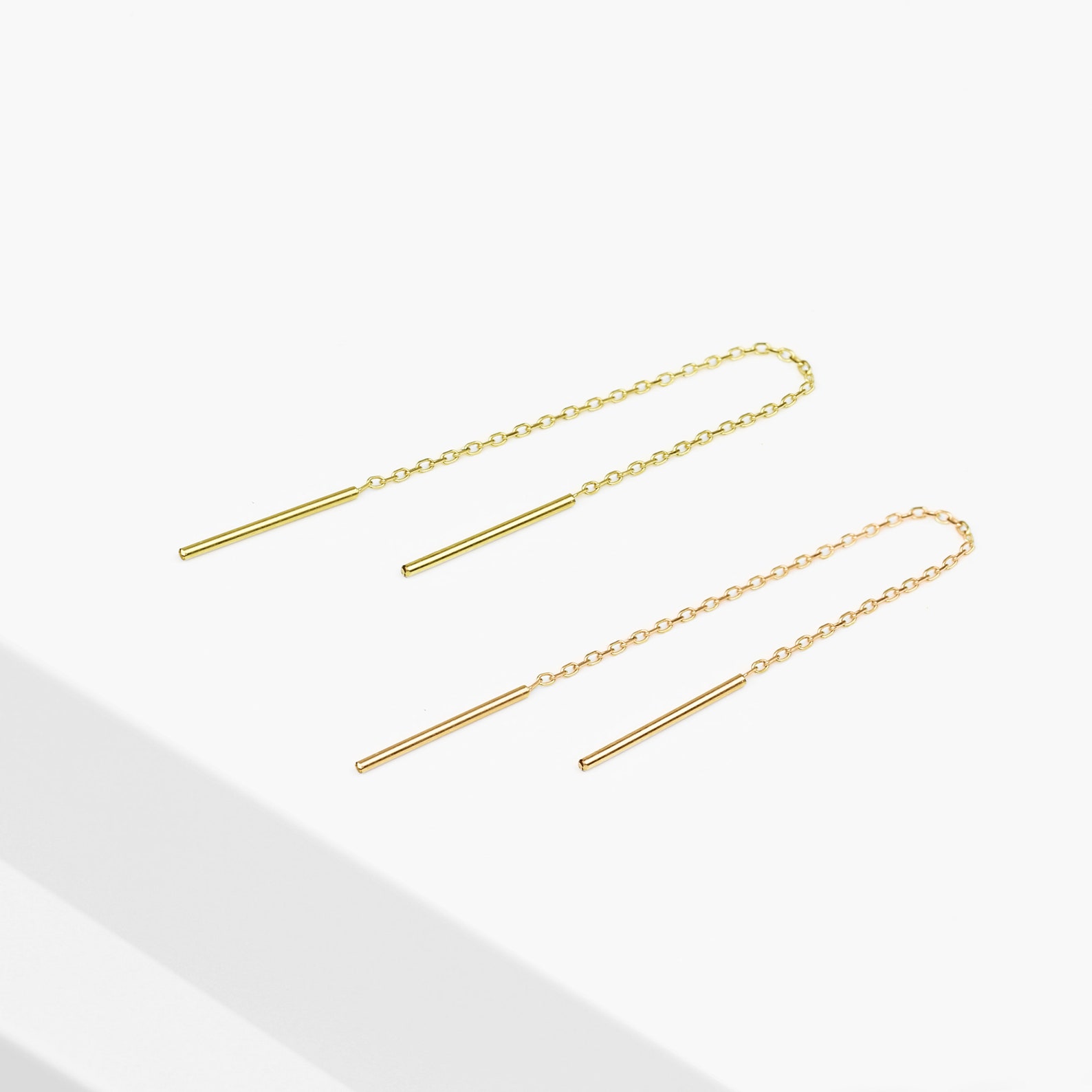 14k Solid Gold Double Bar Thin Threader Earring Ear Threader - Etsy