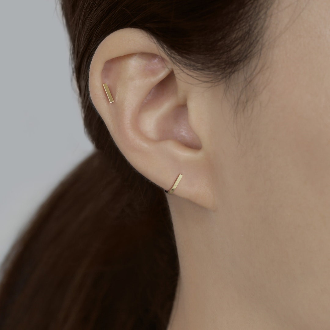 14k Solid Gold J Hook Stud Earring, Dainty Piercing, Small Gold Earring ...