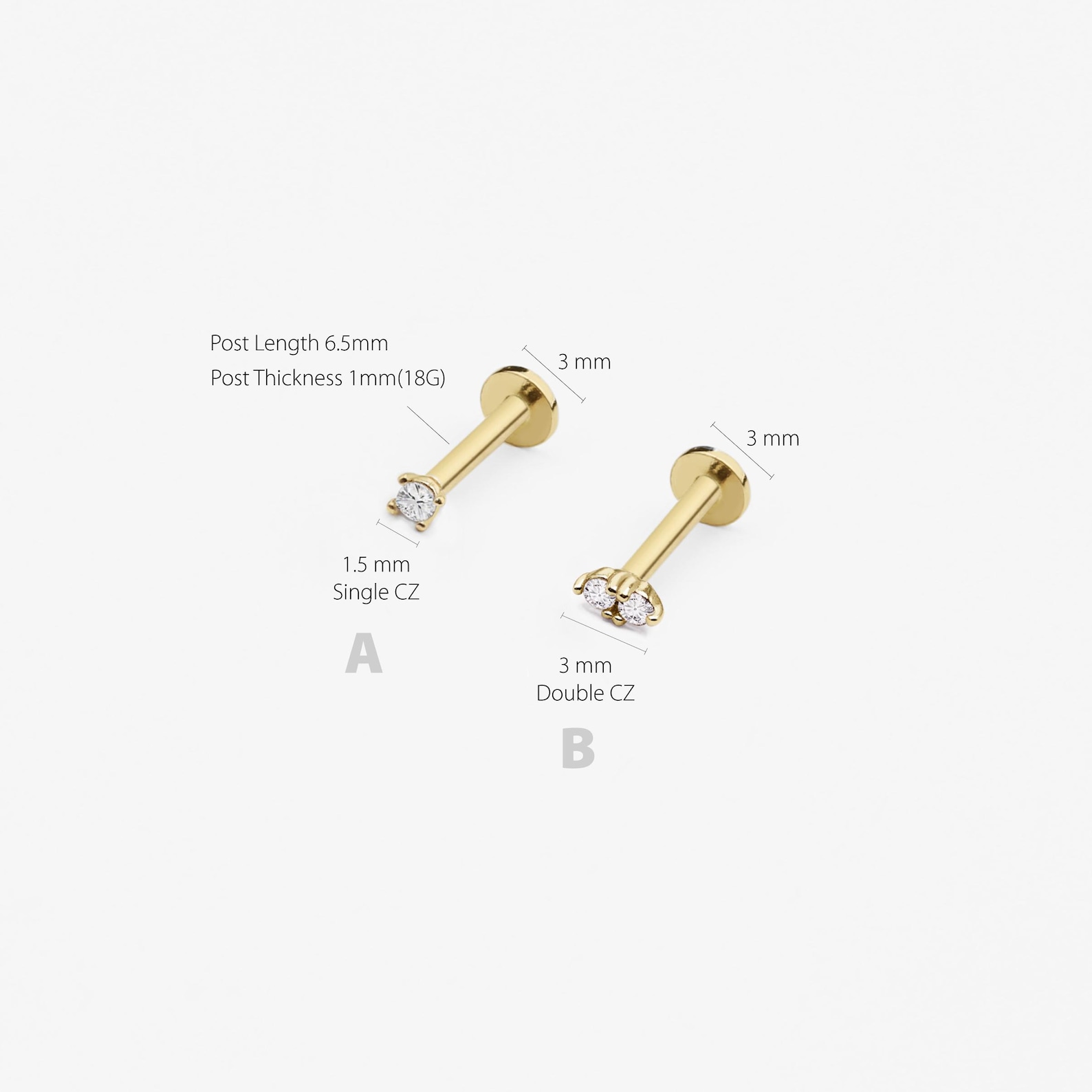 14k Solid Gold Micro Single Double CZ Internally Threaded Labret Stud ...