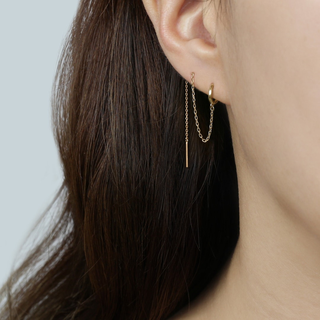 14k Solid Gold Extra Long Chain Threader Hoop Earring, Drop Huggie Hoop ...