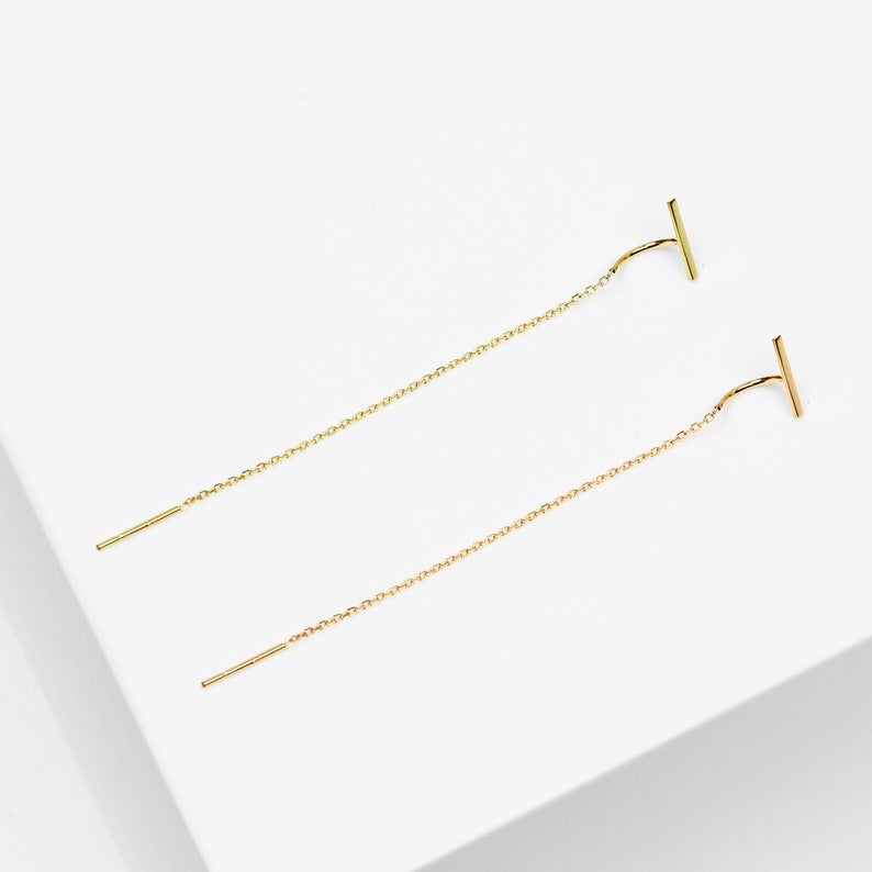 14k Solid Gold Tiny Bar Threader Earring Drop Earring - Etsy